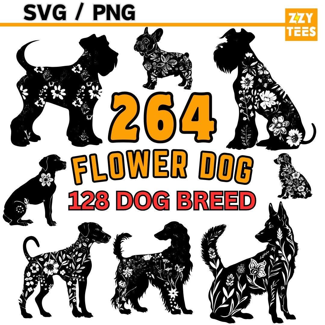 264 Flower Dog Silhouette Bundle, 128 Dog Breeds SVG PNG, Floral Dog ...