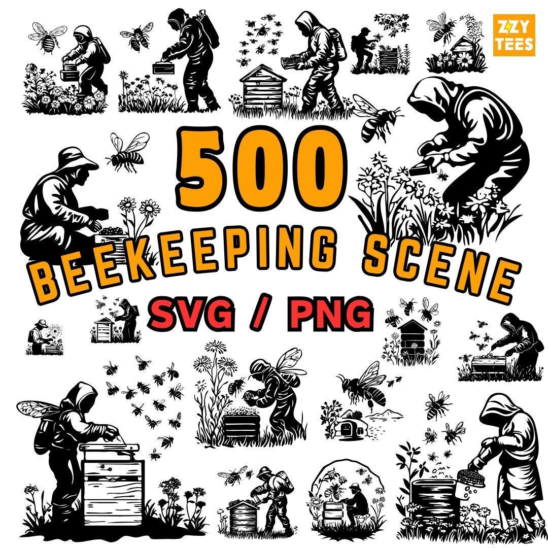 Beekeeping Scene Clipart SVG Png, Honeybee Farm Silhouette, Beekeeper ...