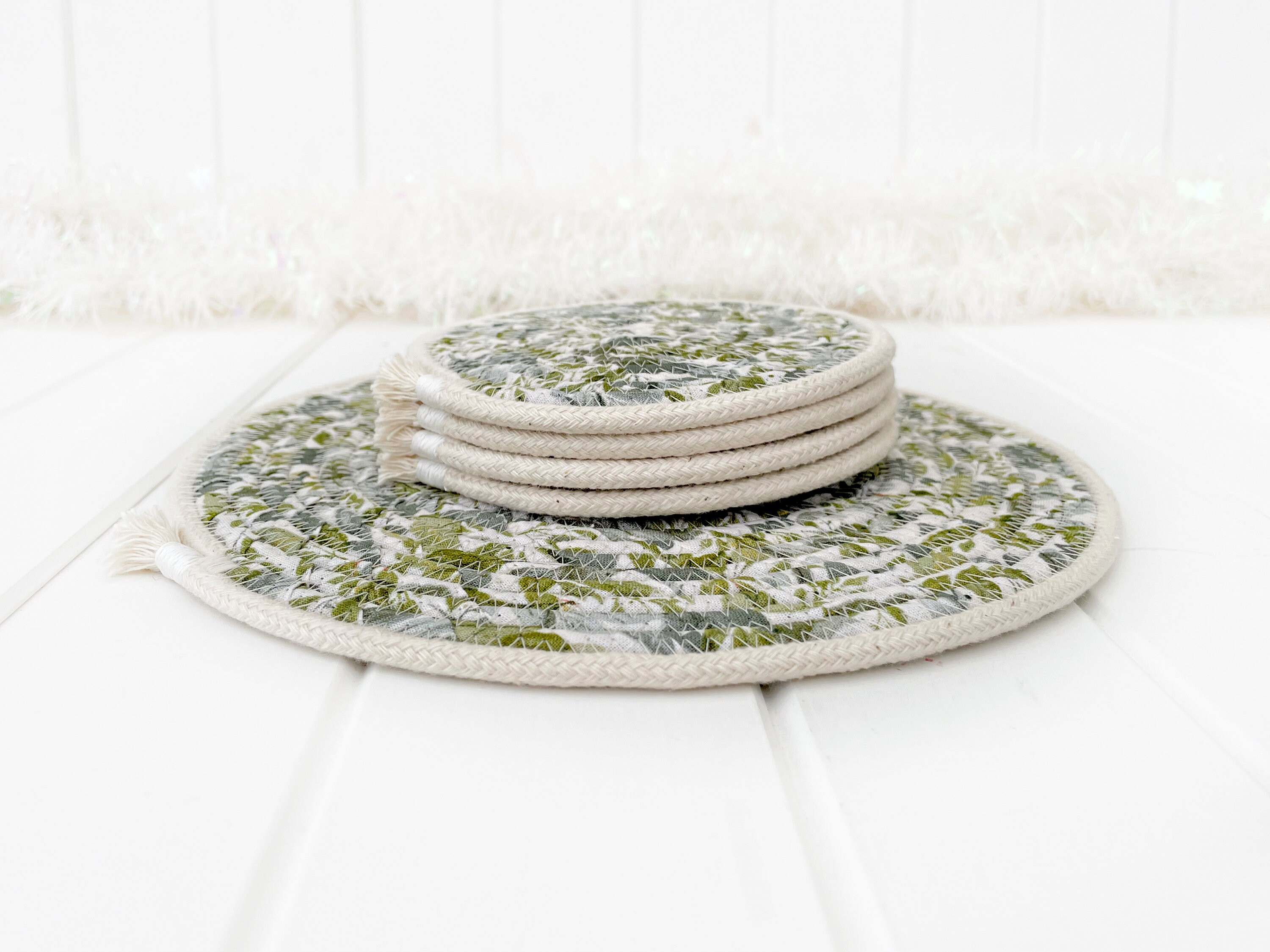 sage green fabric wrapped drink coasters using natural cotton rope with ...