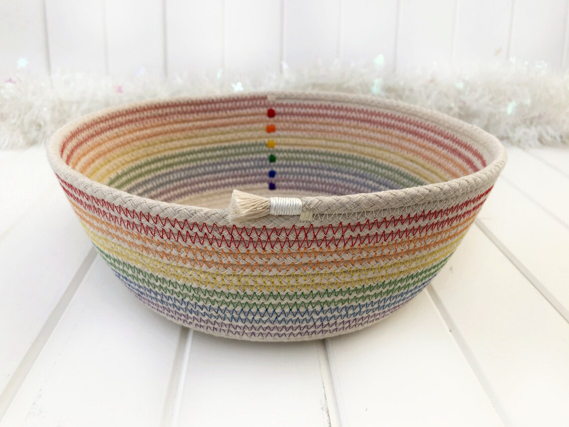 Rainbow coloured natural cotton coiled rope bowl rainbow | Etsy