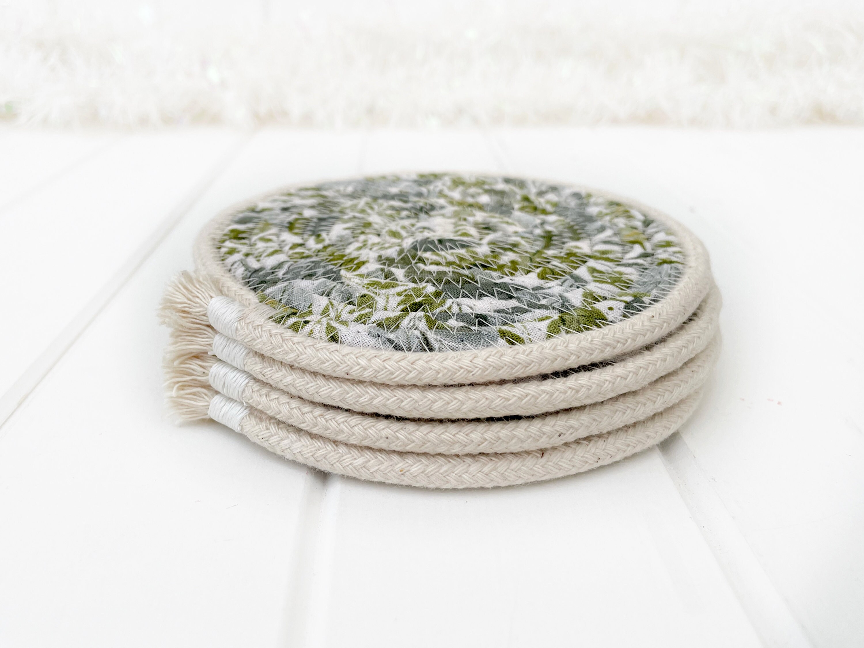 sage green fabric wrapped drink coasters using natural cotton rope with ...
