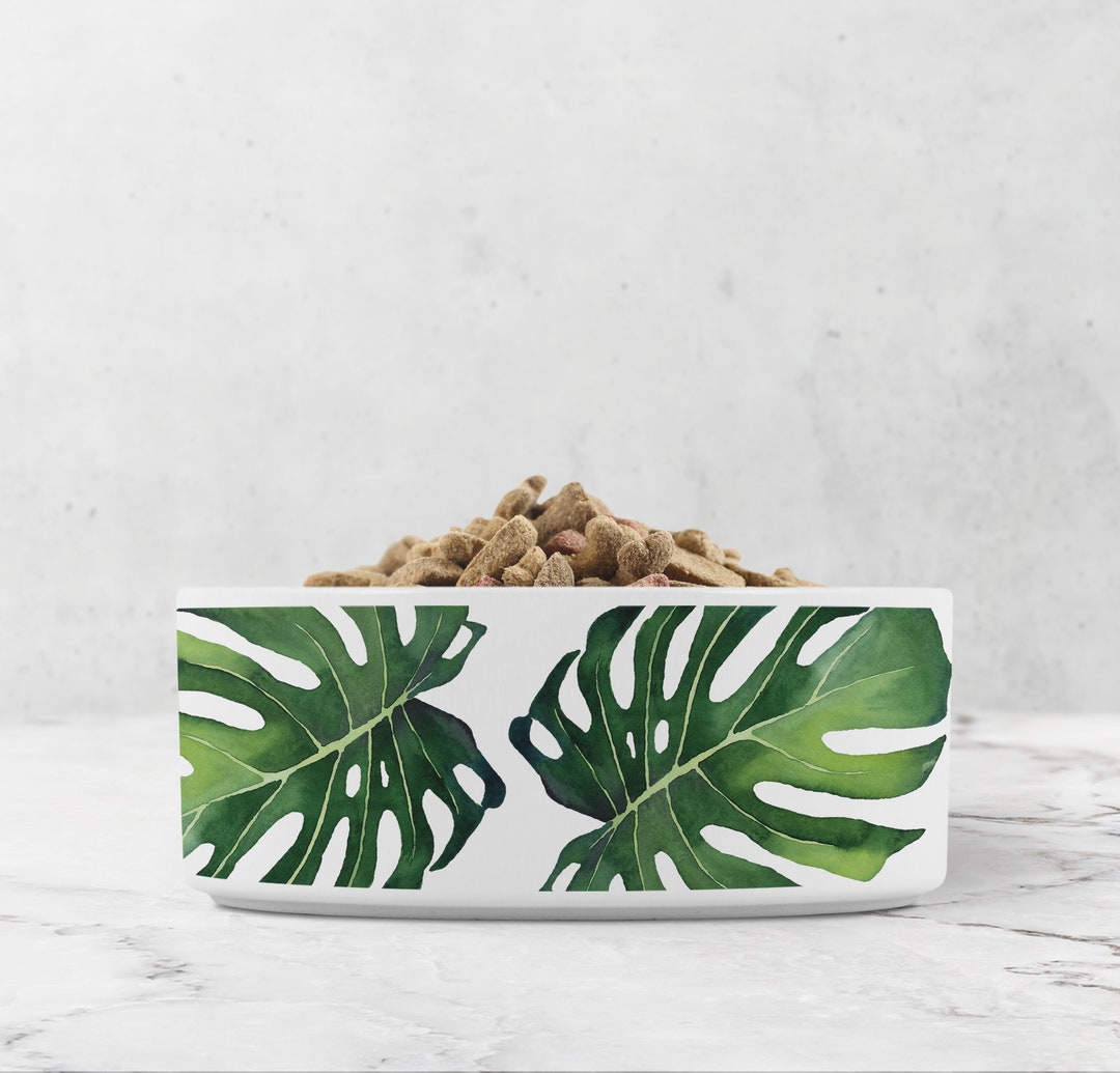 Tropical Monstera Leaf Pet Bowl, Green and White, Chic Dog Food Dish ...
