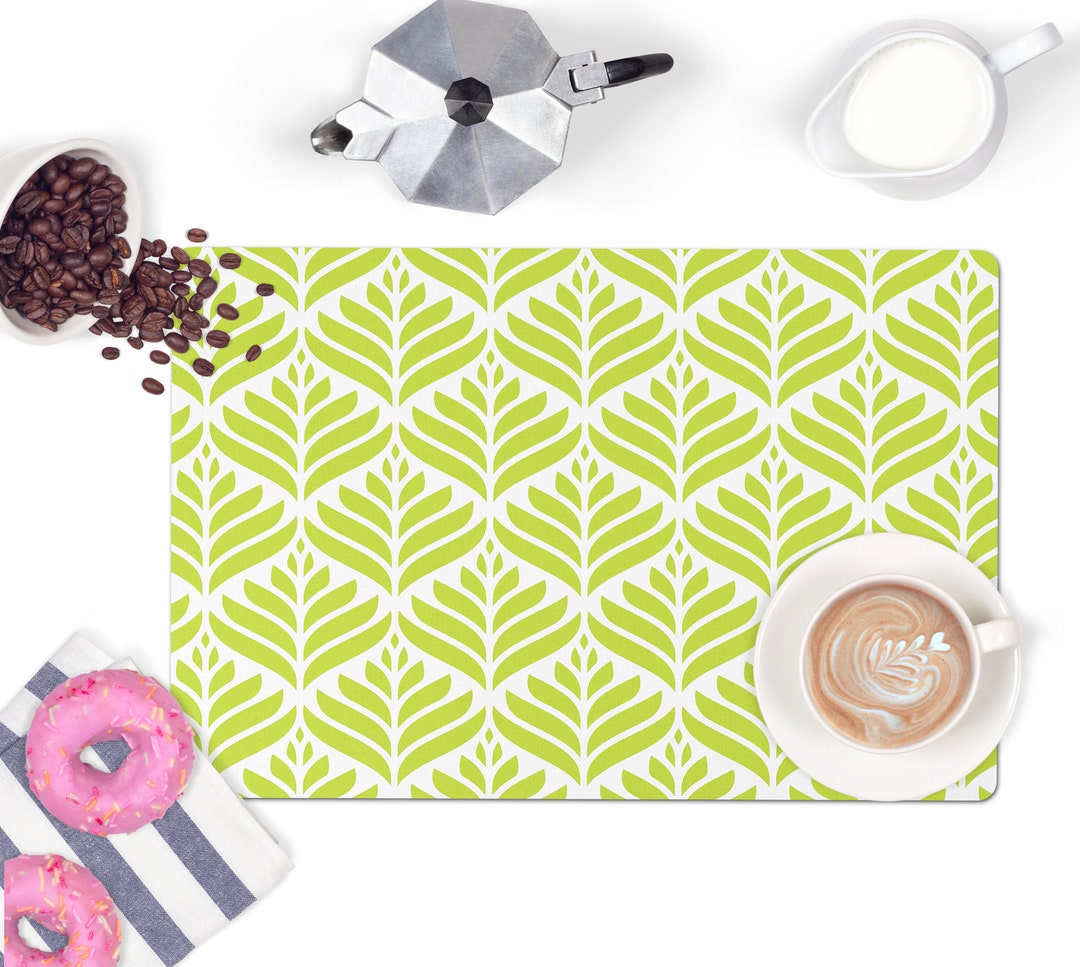 Modern Botanical Tile Print Counter Mat, 18 X 12, Leaf Green and White ...