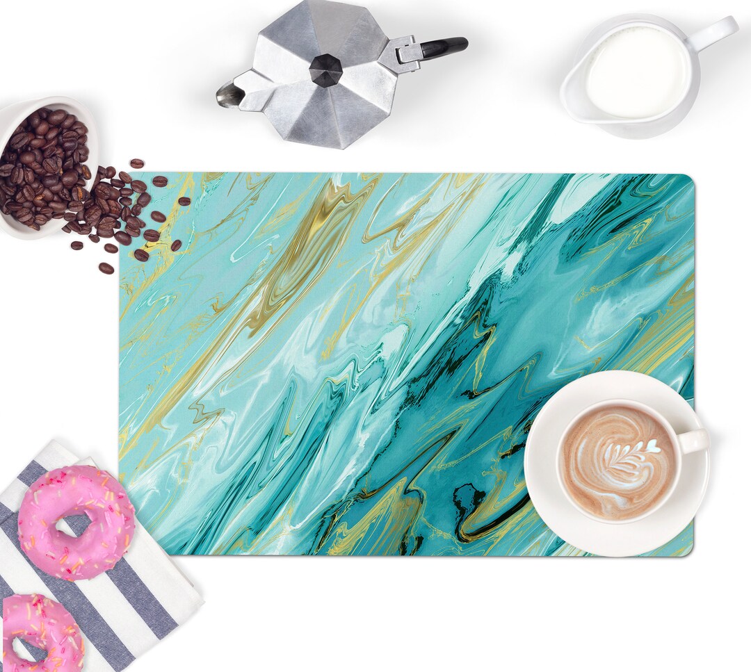 Aqua Teal Gold Marble Pattern Coffee Station Mat, 18 X 12, Stylish Desk ...