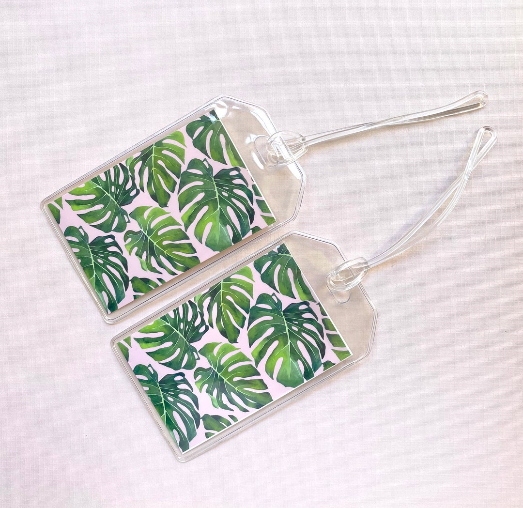 Luggage Tags, Set of 2, Tropical Monstera Leaf, Green & Pink, Tropical ...