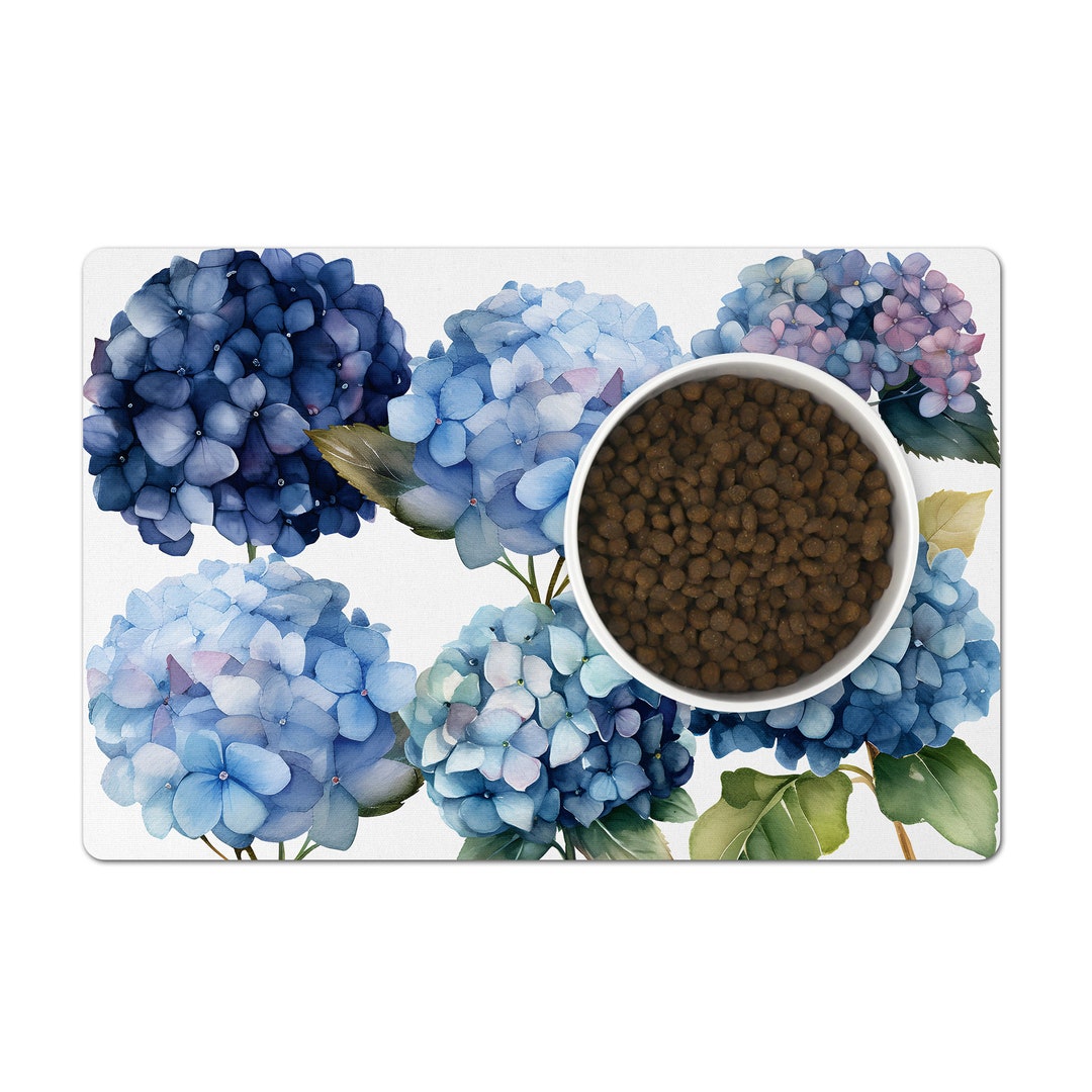 Blue Hydrangeas Pet Food Mat, Floral Dog Bowl Mat, Flower Cat Placemat ...