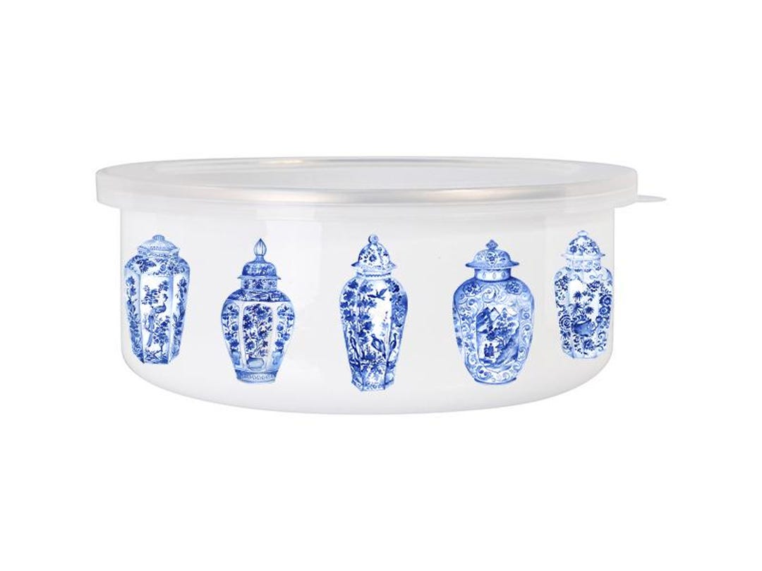 Chinoiserie Stainless Steel Food Storage Bowl With Lid, Blue and White ...