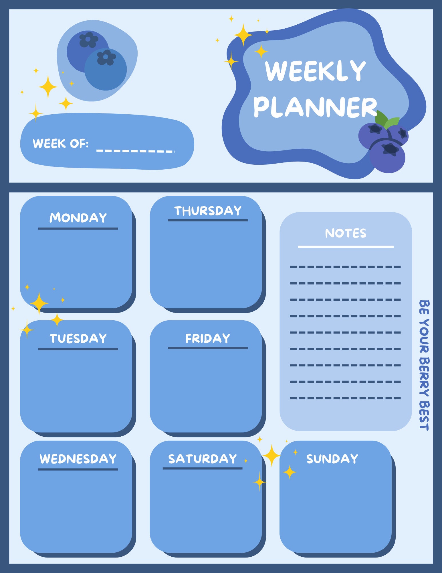 Cute Blueberry Weekly Calendar Printable, Monthly Planner, Printable ...