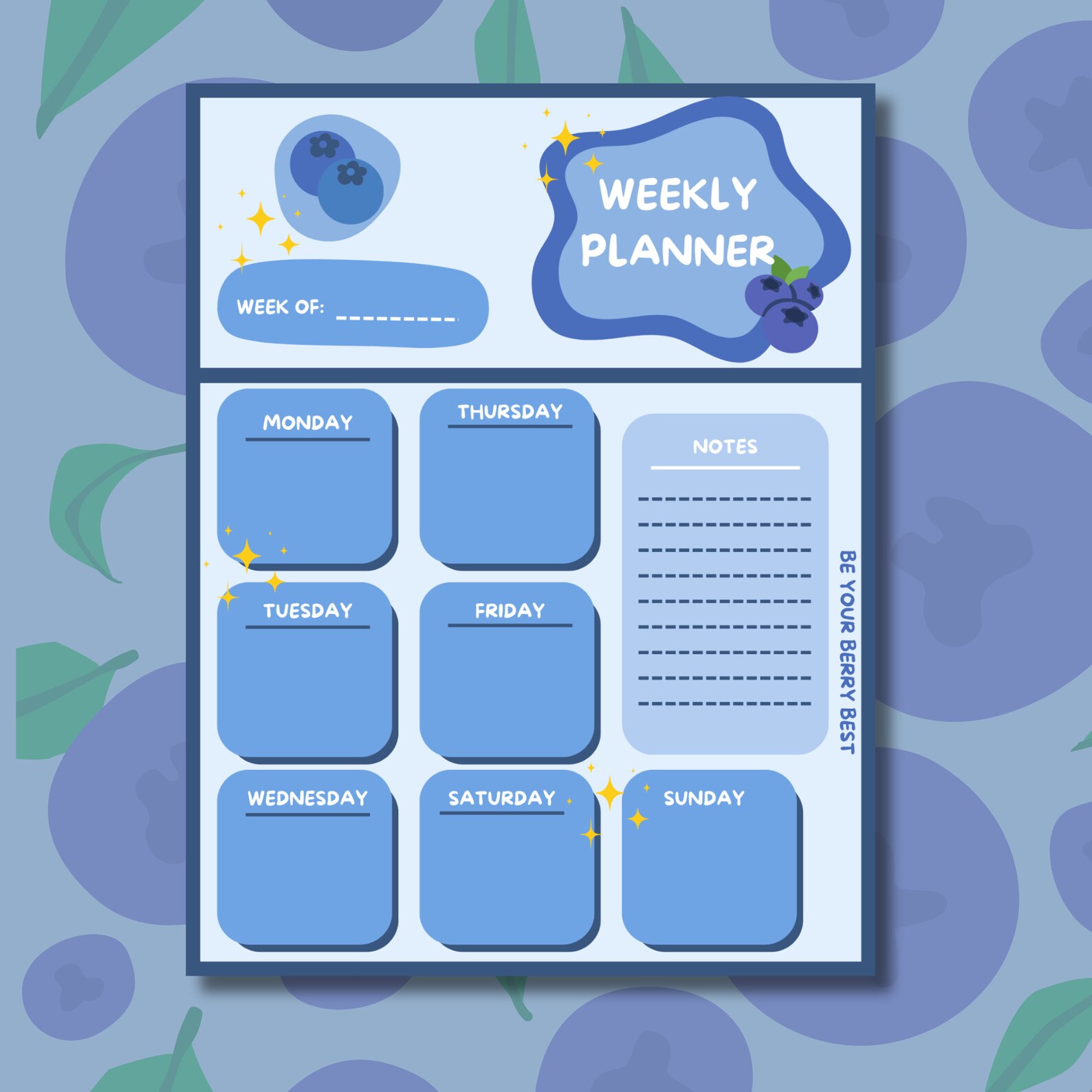 Cute Blueberry Weekly Calendar Printable, Monthly Planner, Printable ...