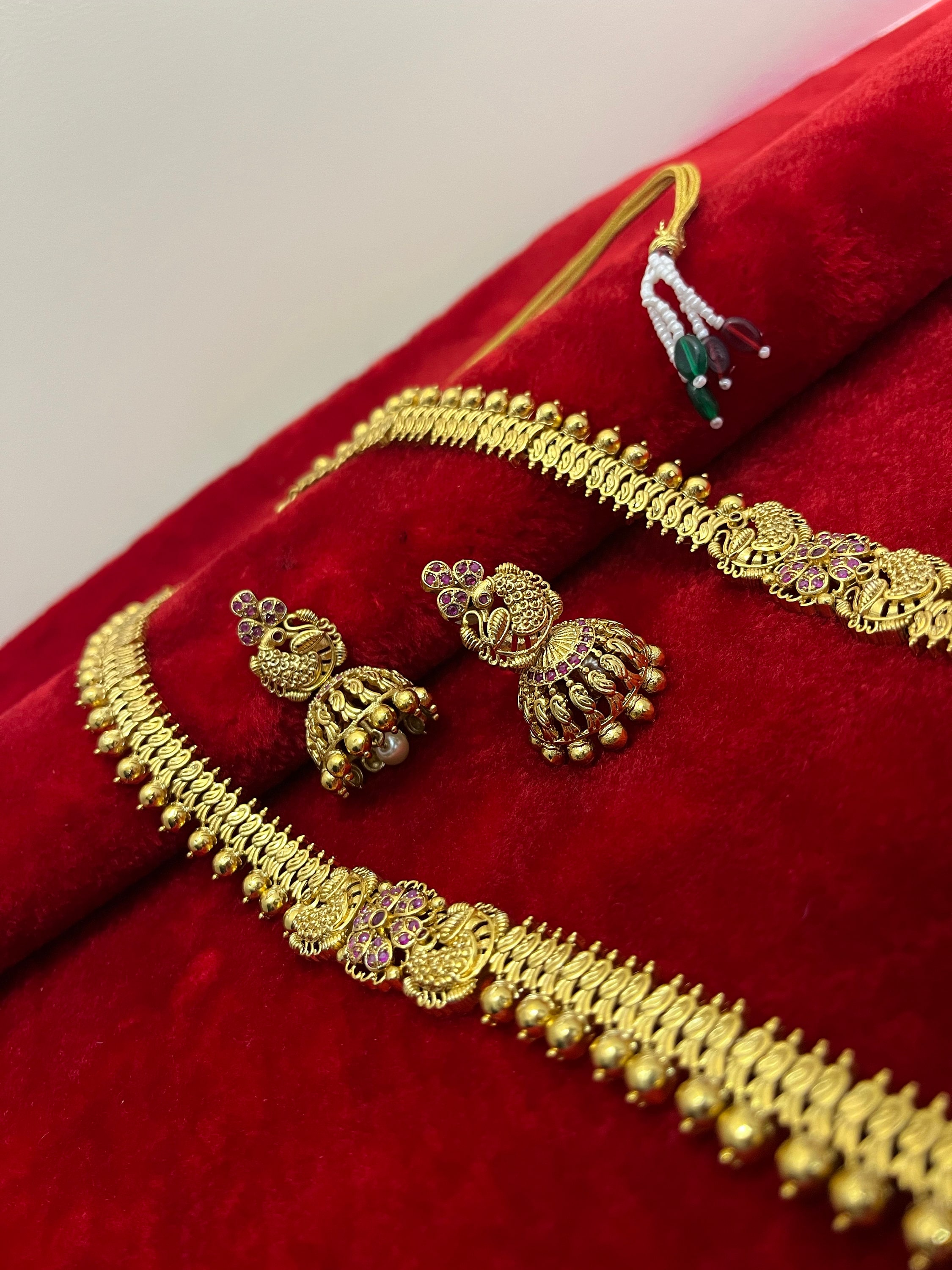 Panchaloha Made Gold Polished Elegant Long Mala Haram With Double Moppu Bird With Earrings Etsy