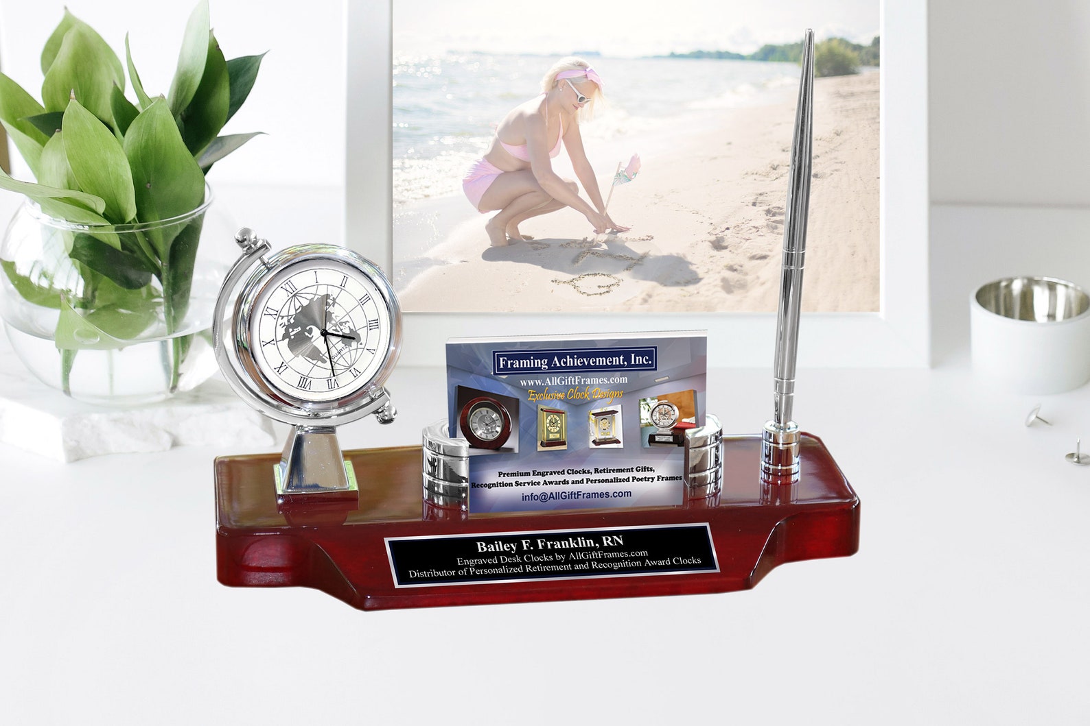Executive Business Card Holder Name Plate Engraved Desk Clock Custom ...