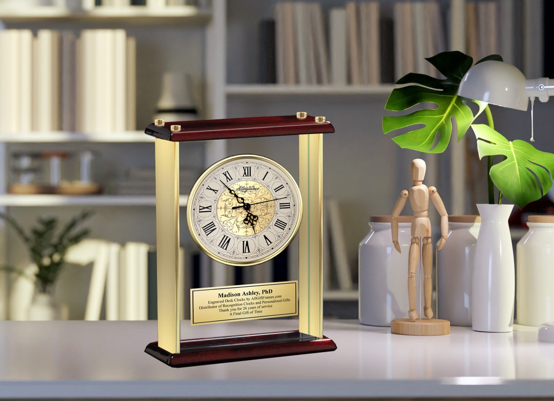 Personalized Brass Gold Glass Panel Clock Etched Table Mantel Engraved ...