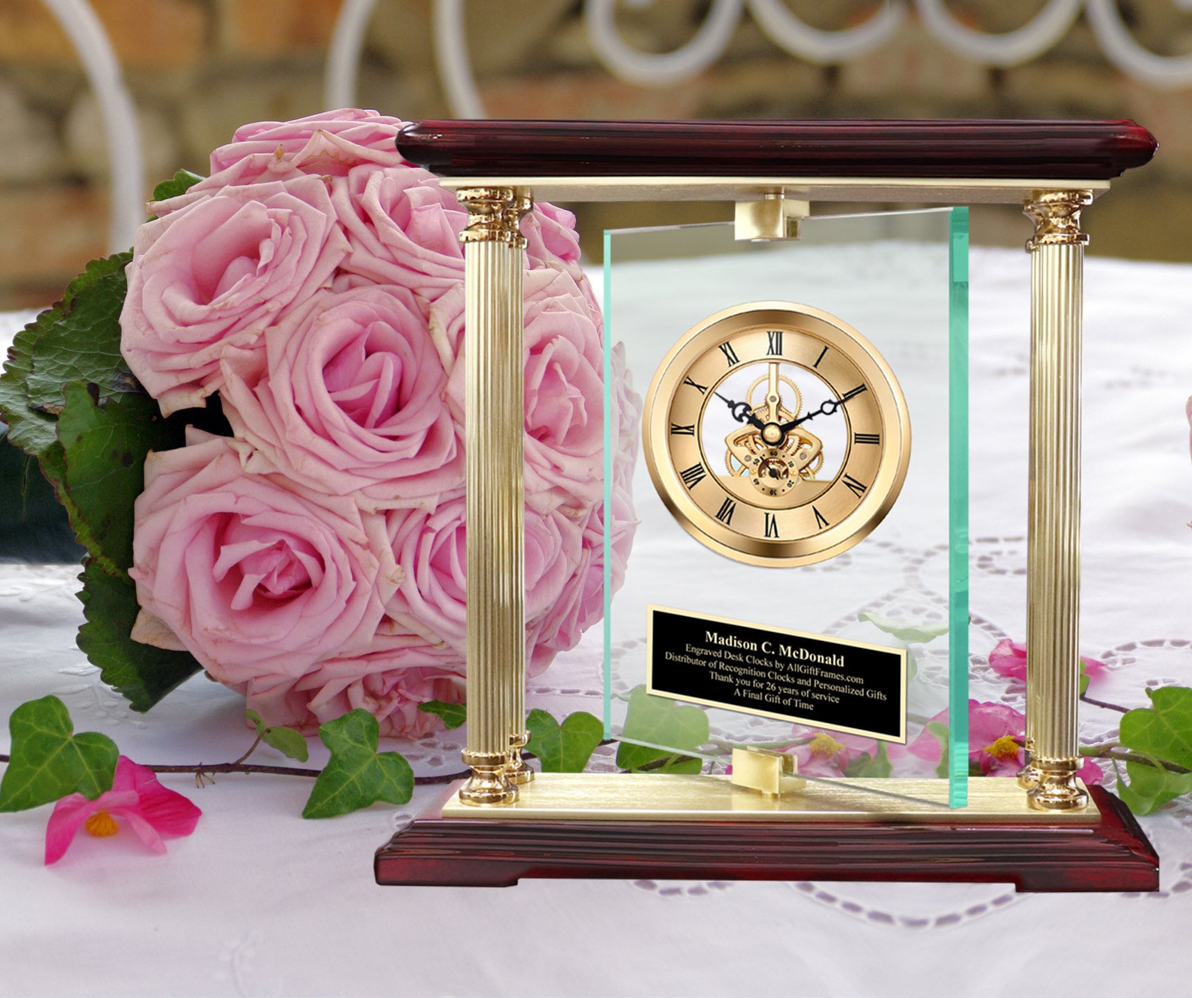 Glass Rotating 360 Degree Gold Gear Clock Display Case Black Engraved ...