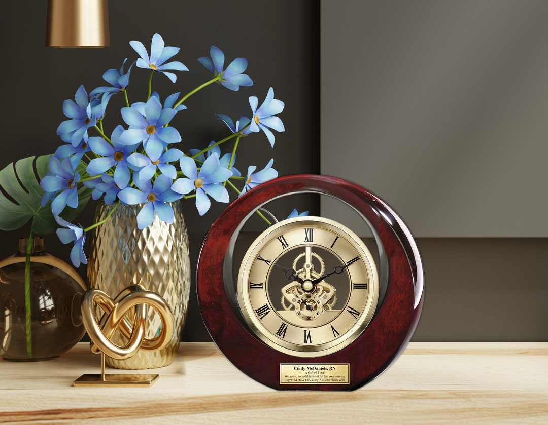 Engraved Clock Gold Wood Mechanical Moving Gear Table Mantel Clock ...