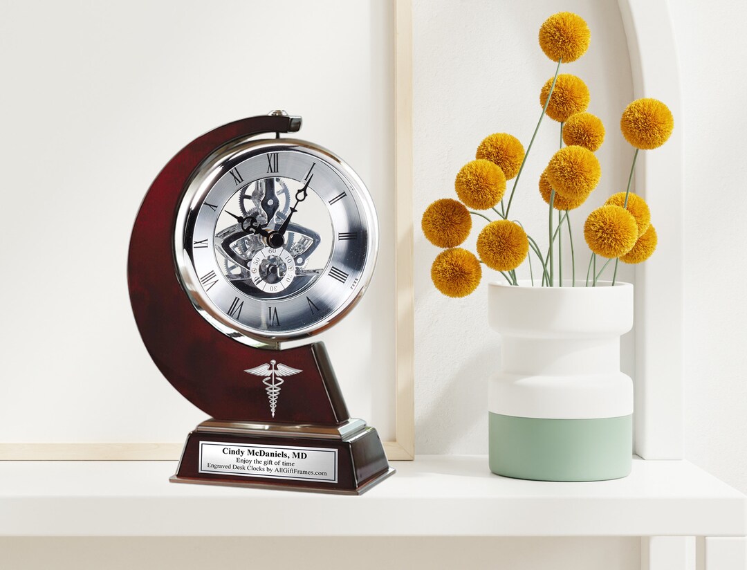 Large Quartz Gear Desk Clock Rotate 360 Degree Medical Caduceus Logo MD ...