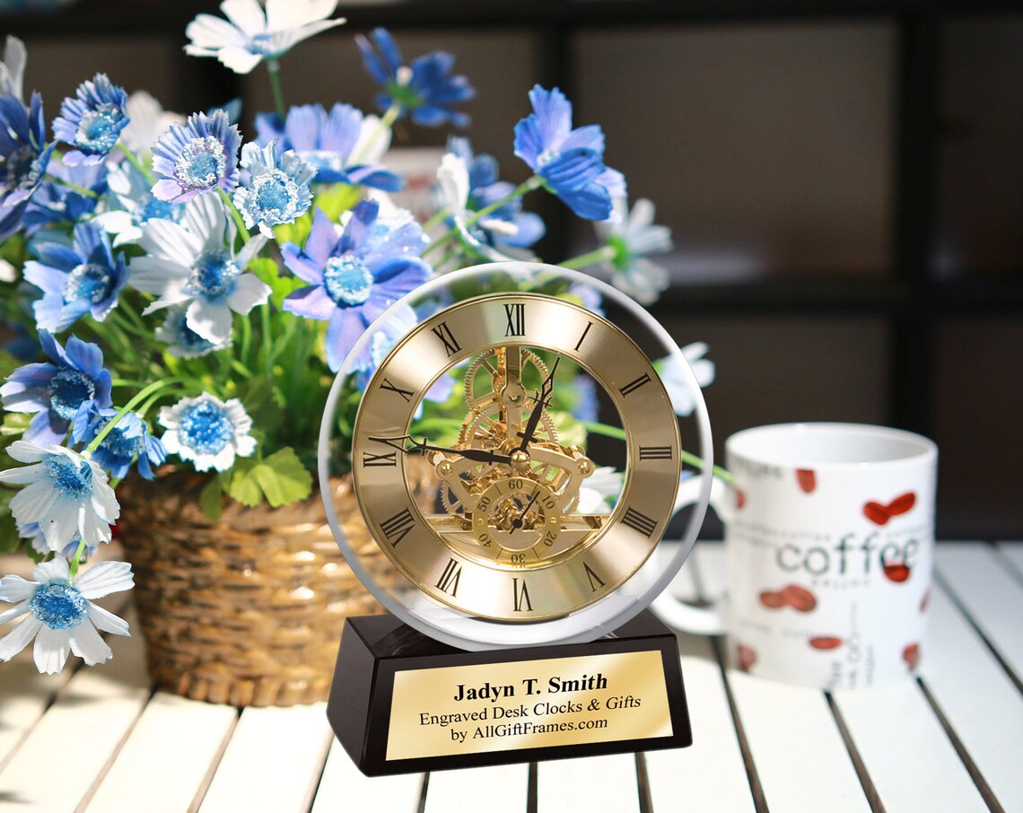 Personalized Crystal Clock Black Glass Base Gold Engraved Plate ...