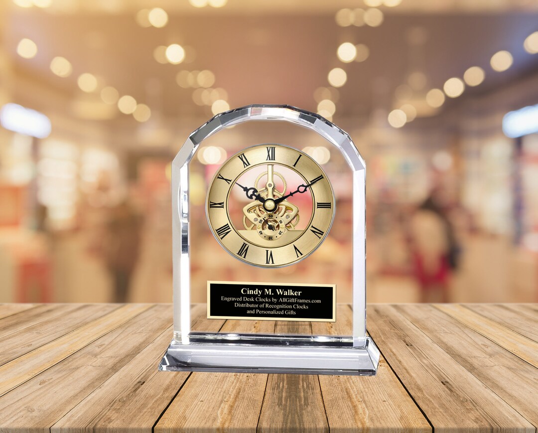 Personalize Engraved Clock Faceted Gem Cut Top Casing Gold Gear Display ...