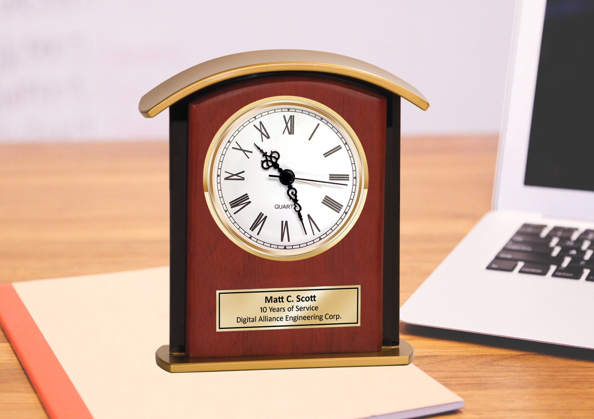 Personalized Clock Arch Gold Engrave Desk Black Glass Border Wood ...