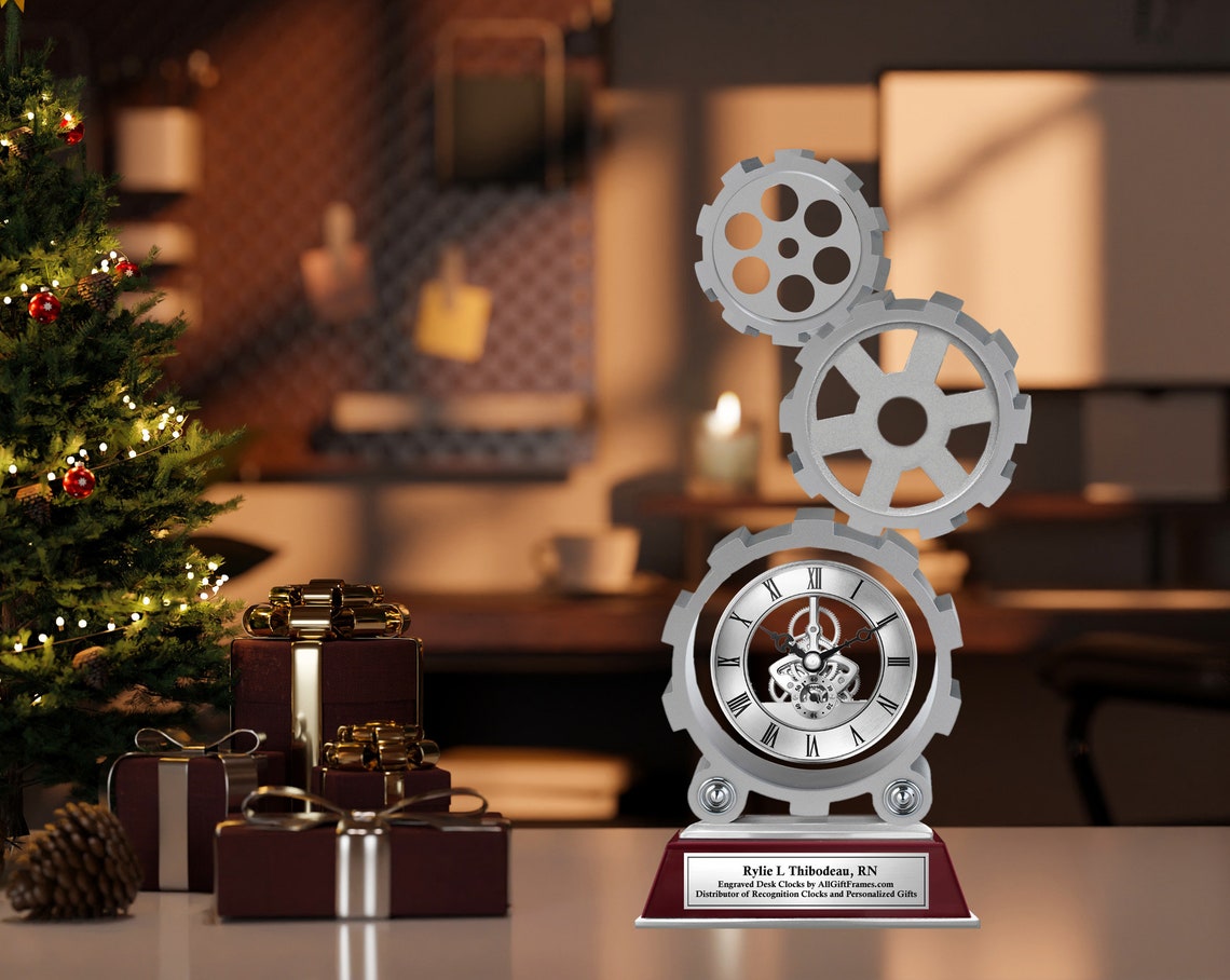 Personalized Clock Engraved Triple Gear Shape Table Clock Trophy Engineer Birthday Anniversary ...