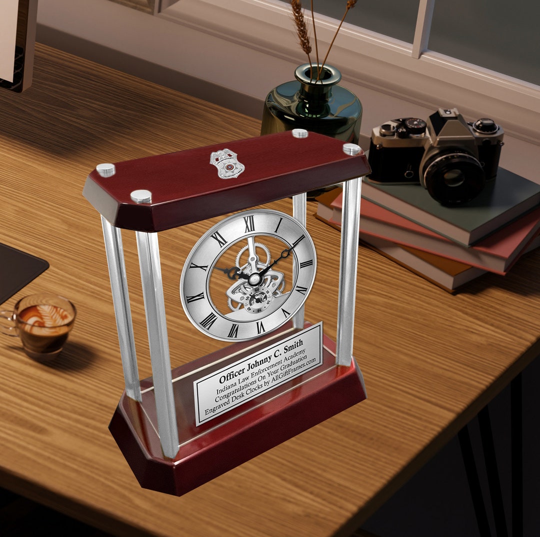 3D Law Enforcement Logo Personalize Gift Silver Gear Engrave Clock ...