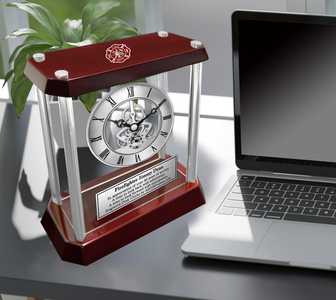 3D Firefighter Logo Personalize Silver Engrave Clock Years Service ...