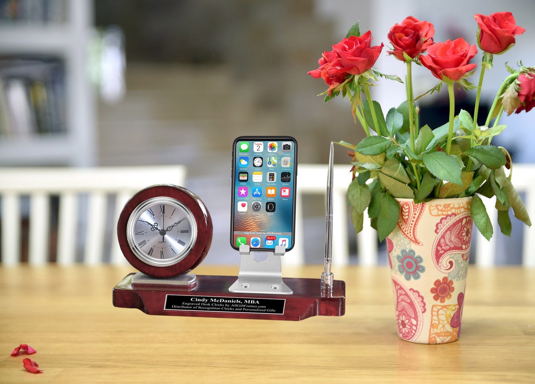Engraved Desk Accessories Clock Pen Set Nameplate Office Black Phone ...