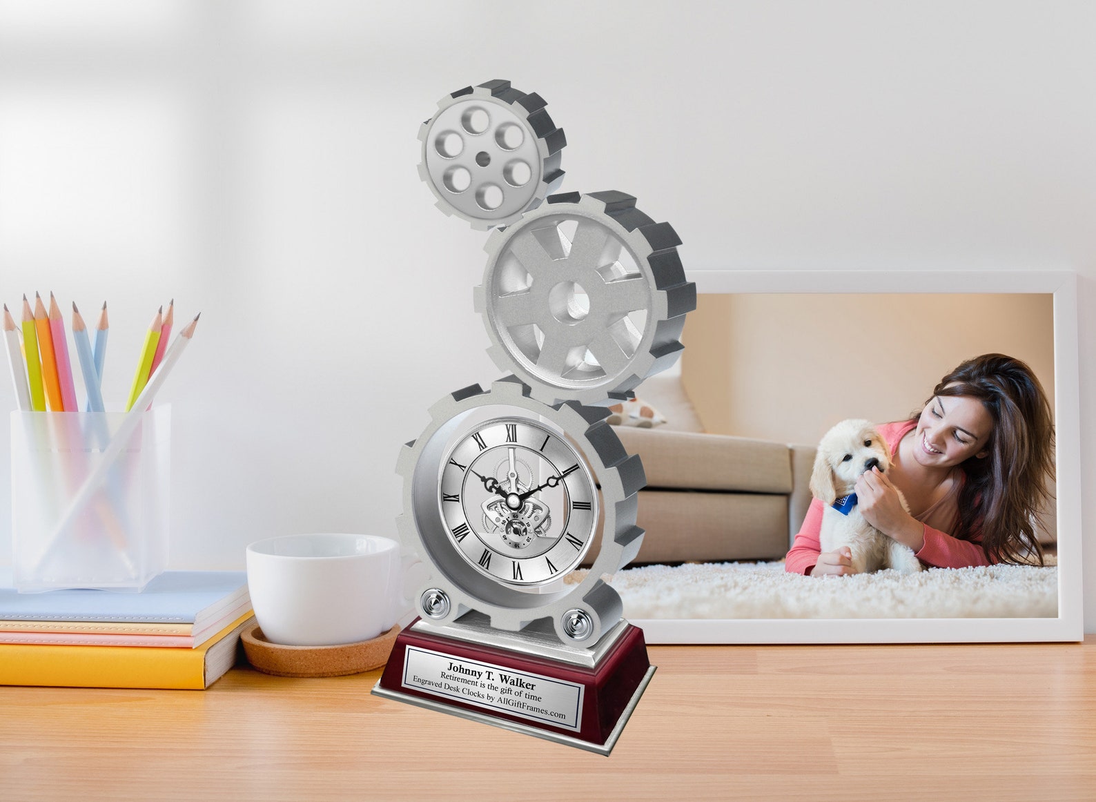 Personalized Clock Engraved Triple Gear Shape Table Clock Trophy ...