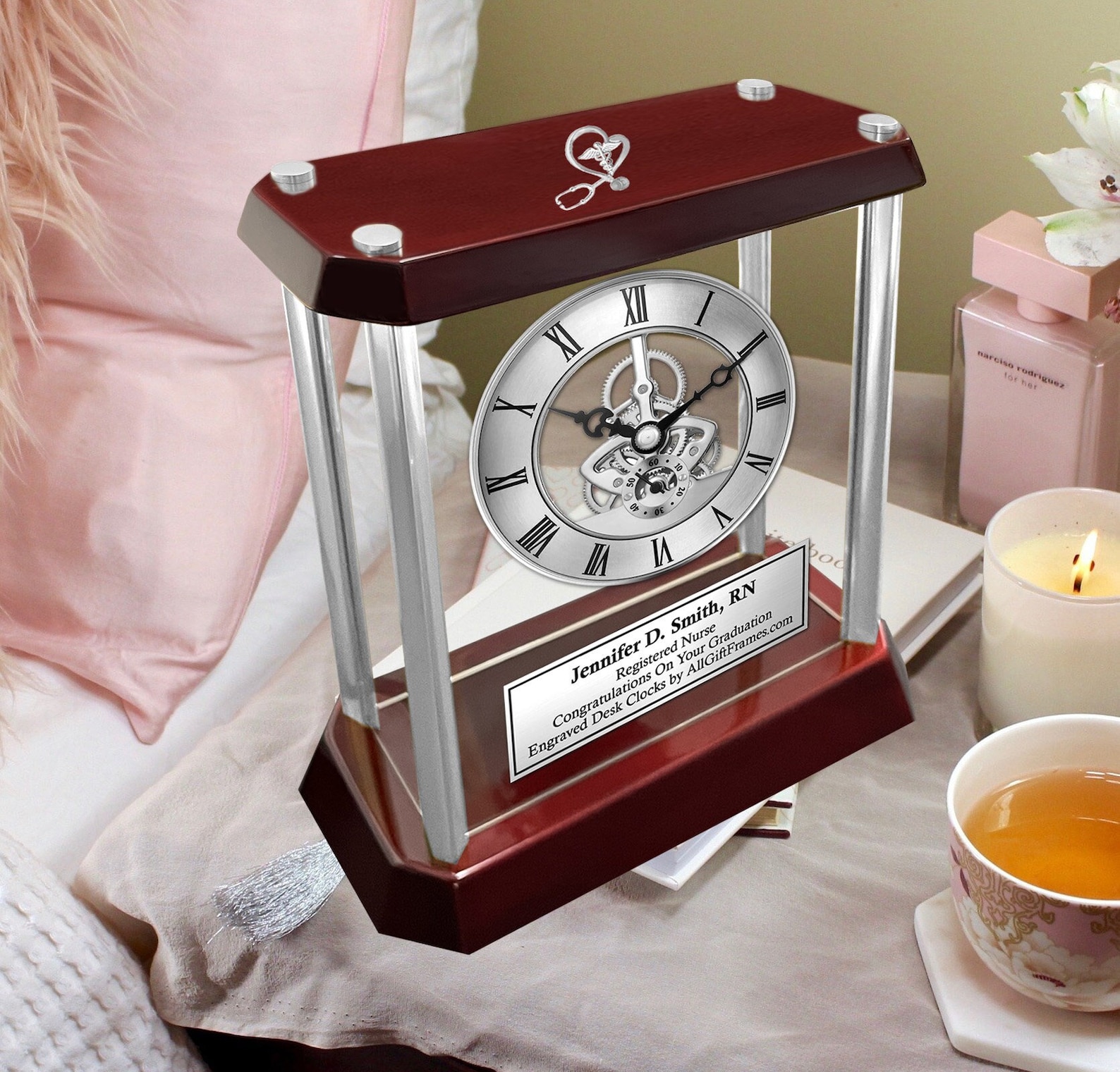 3D Stethoscope Caduceus Logo Gift Silver Gear Engrave Clock Doctor ...