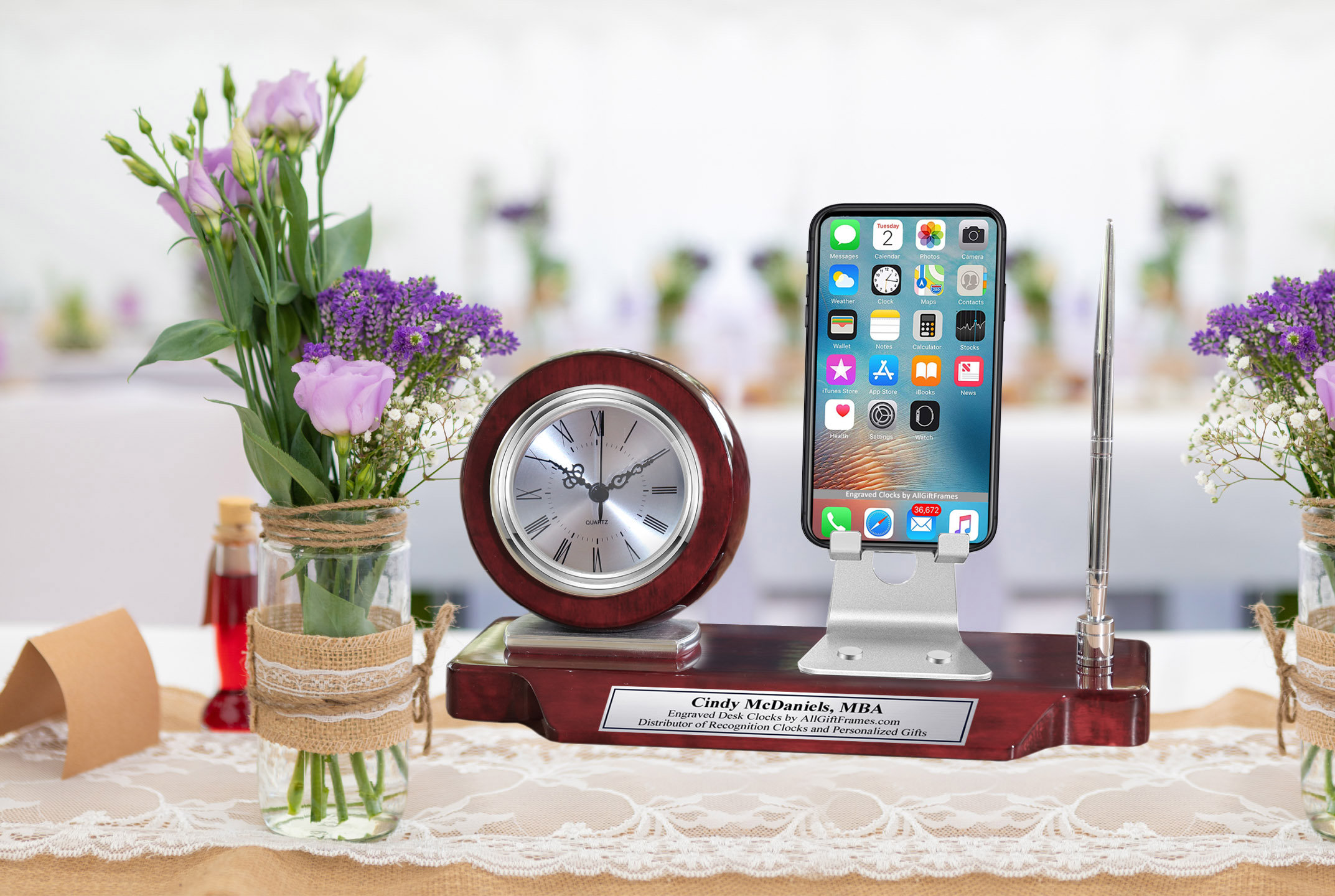 Desktop Pen Set Engraved Desk Clock Phone Holder Display Stand Silver ...