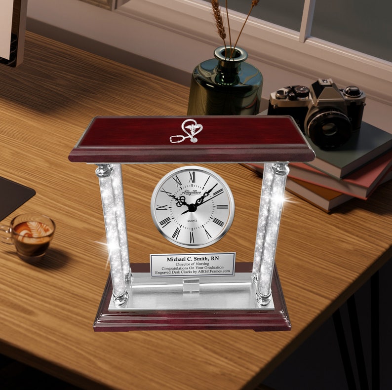 Luxury Desk Engrave Clock 4 Crystal Diamond Filled Pillars Stethoscope ...
