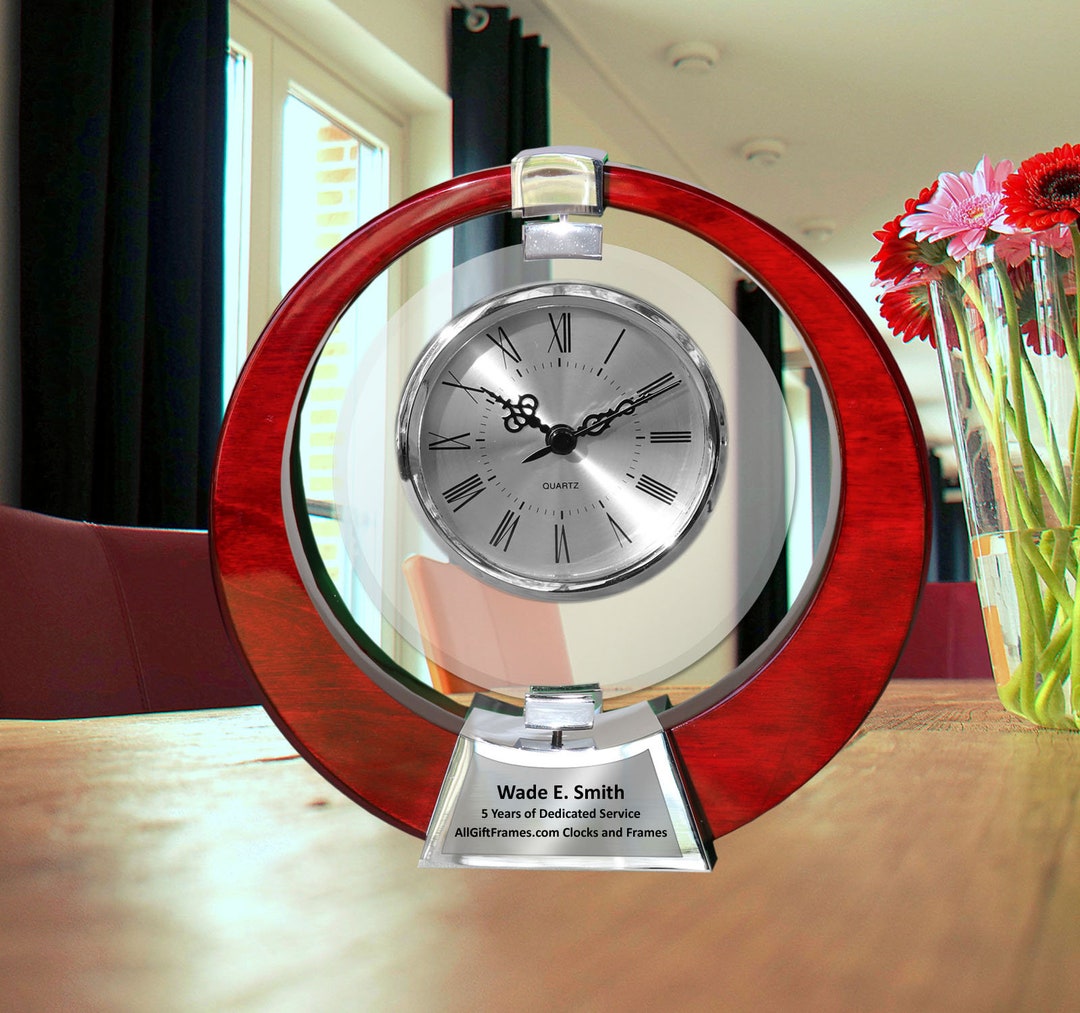 Unique Clock 360 Degree Spinning Clock Wood Metal Silver Base Glass ...