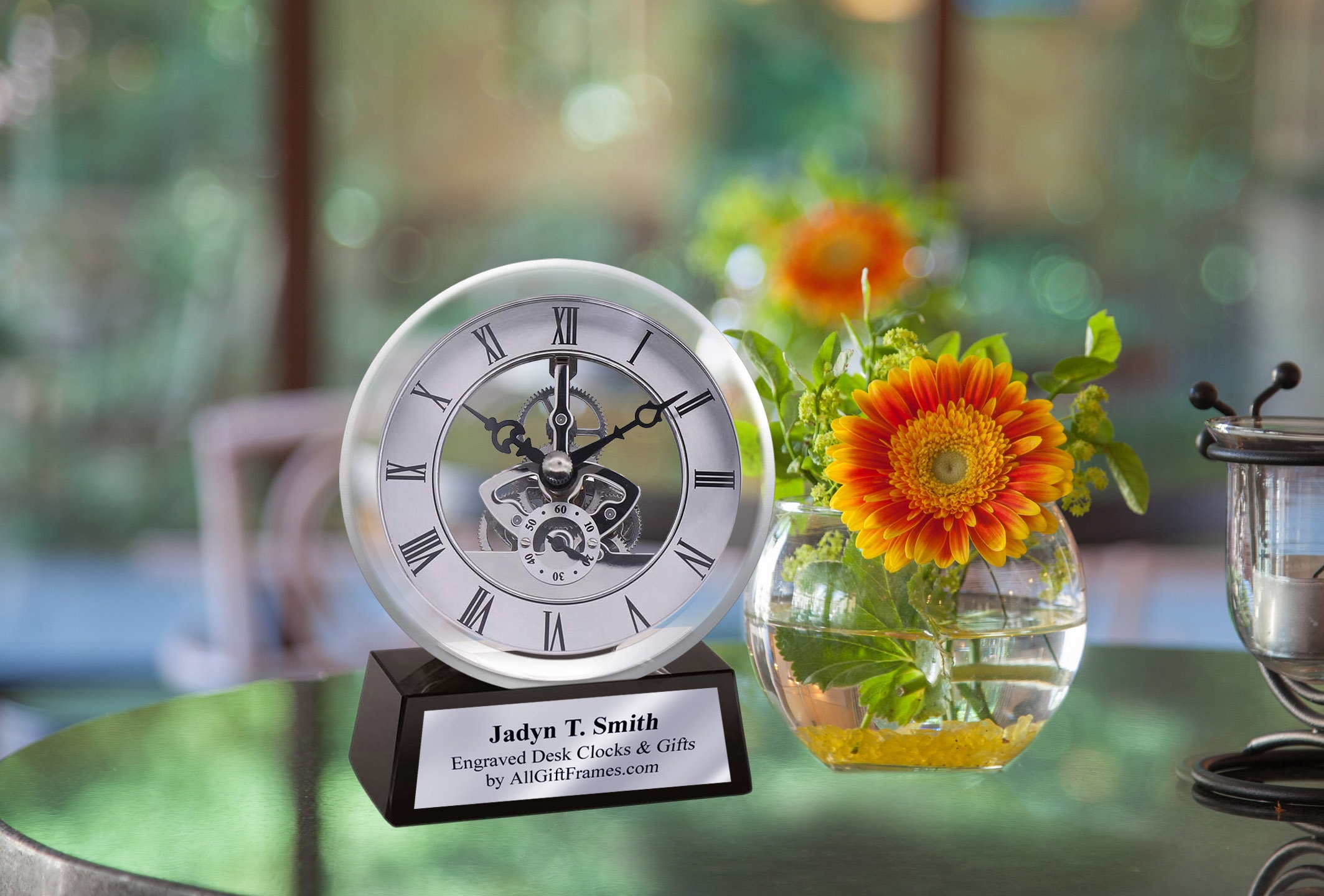 Personalized Crystal Clock With Black Glass Base and Silver Engraved ...