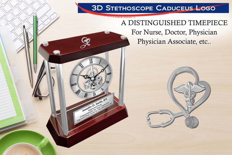 3D Stethoscope Caduceus Logo Gift Silver Gear Engrave Clock Doctor ...