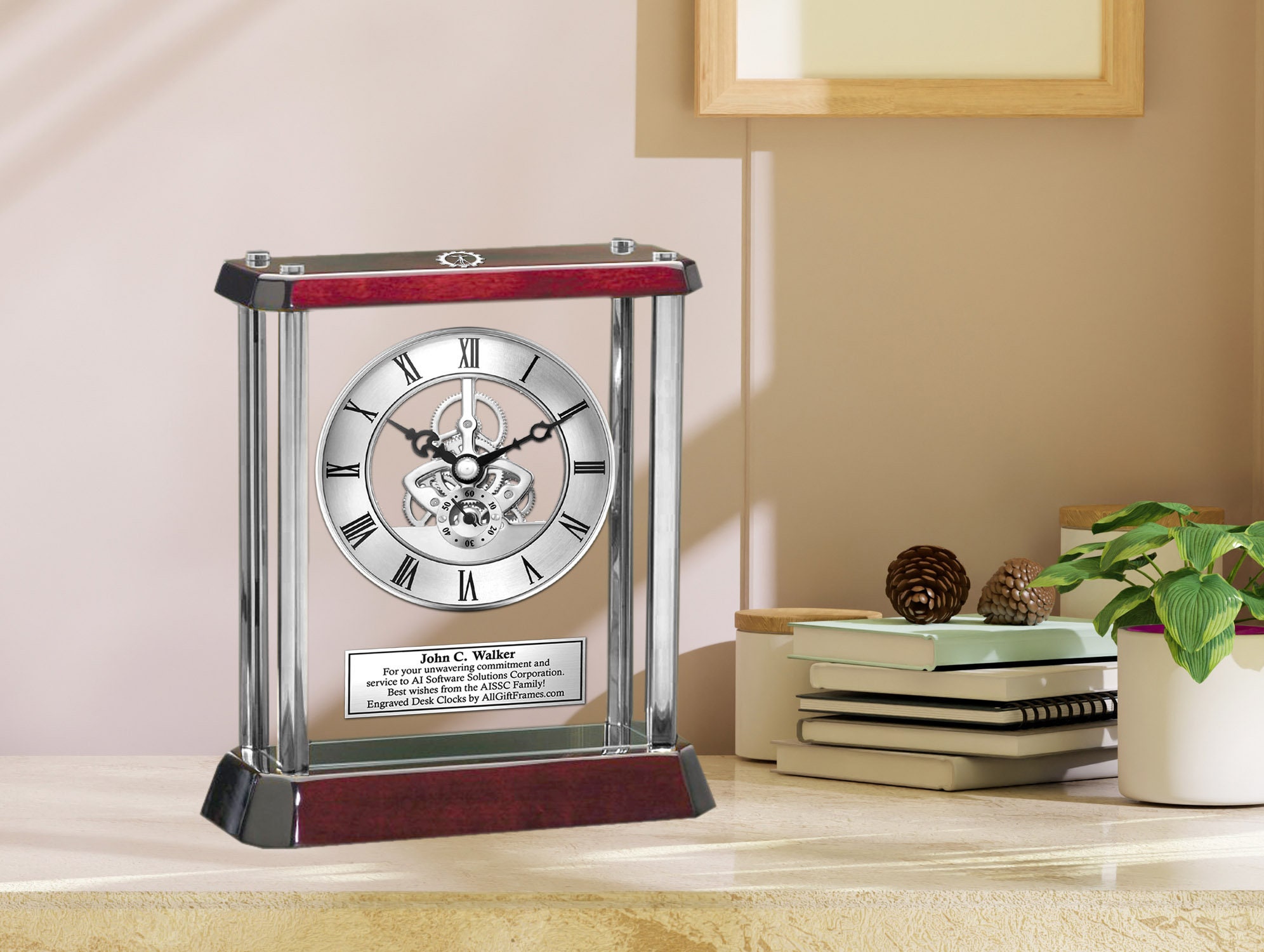 3D Engineering Gear Logo Personalize Gift Silver Engrave Clock Trophy ...