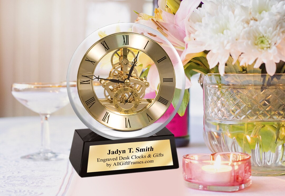 Personalized Crystal Clock Black Glass Base Gold Engraved Plate ...