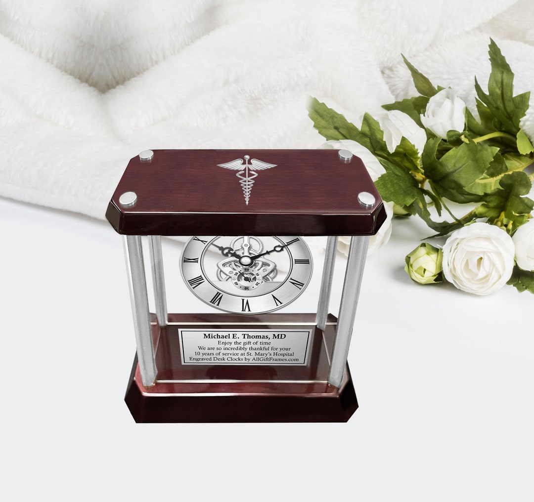 Medical Caduceus Personalize Silver Wood Clock Engrave Plaque ...