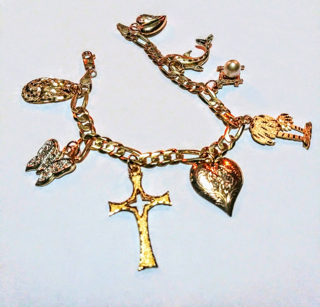 Real Gold Vintage Charm Bracelet, Tropical Gold Charms, Gift for Her ...