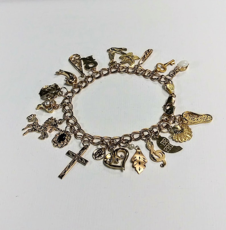 Solid Gold Charm Bracelet, Vintage Charm Bracelet, 20 Unique 14k and ...