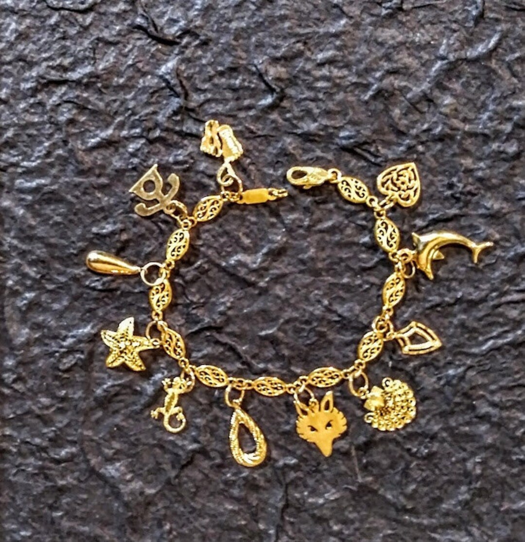 Solid Gold Vintage Charm Bracelet, Nature/ Beach-themed Charm Bracelet ...