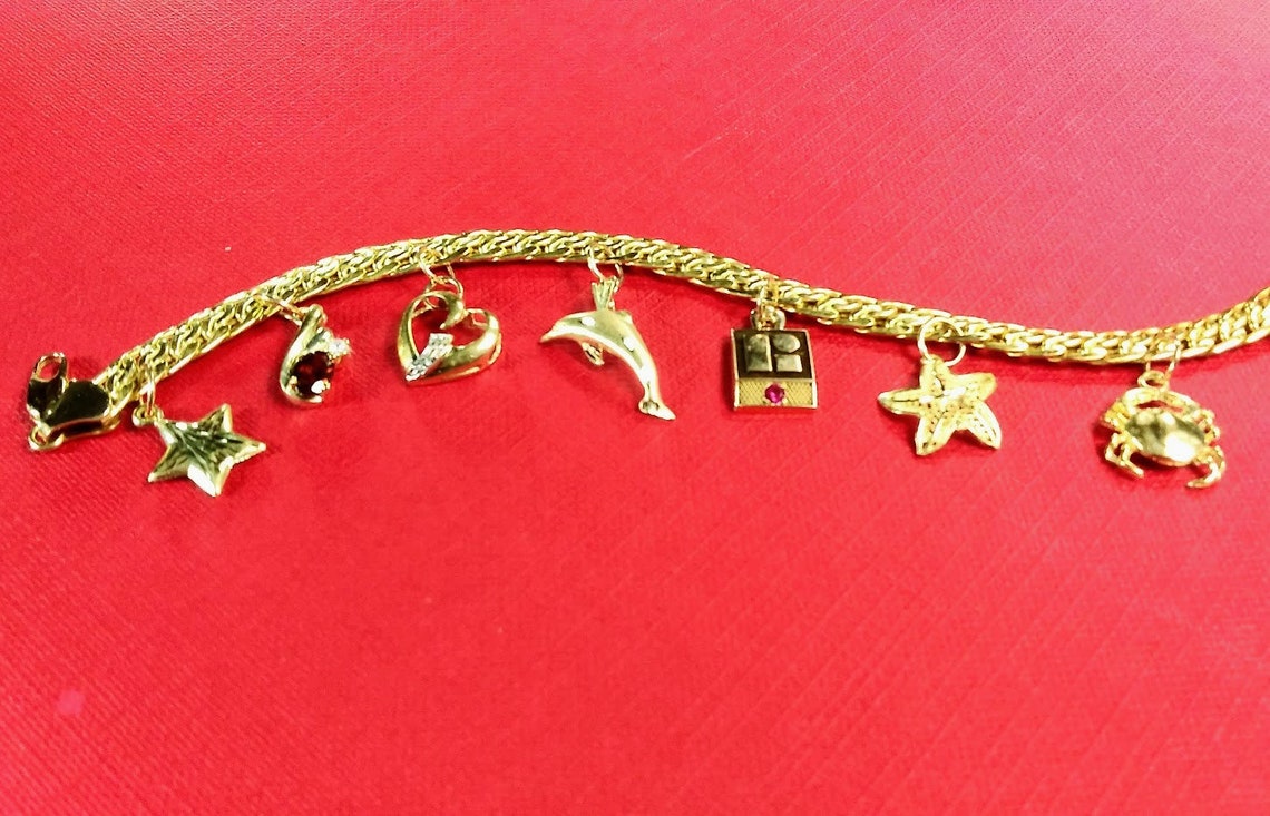 Solid Gold, Vintage Charm Bracelet, Classic 14k Gold Charm Bracelet, 13 ...