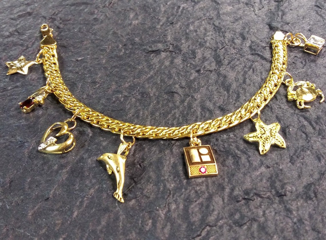 Solid Gold, Vintage Charm Bracelet, Classic 14k Gold Charm Bracelet, 13 ...