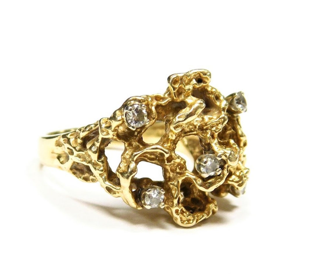 Vintage Brutalist Diamond Nugget Ring, Mid Century Diamond Cluster Ring ...