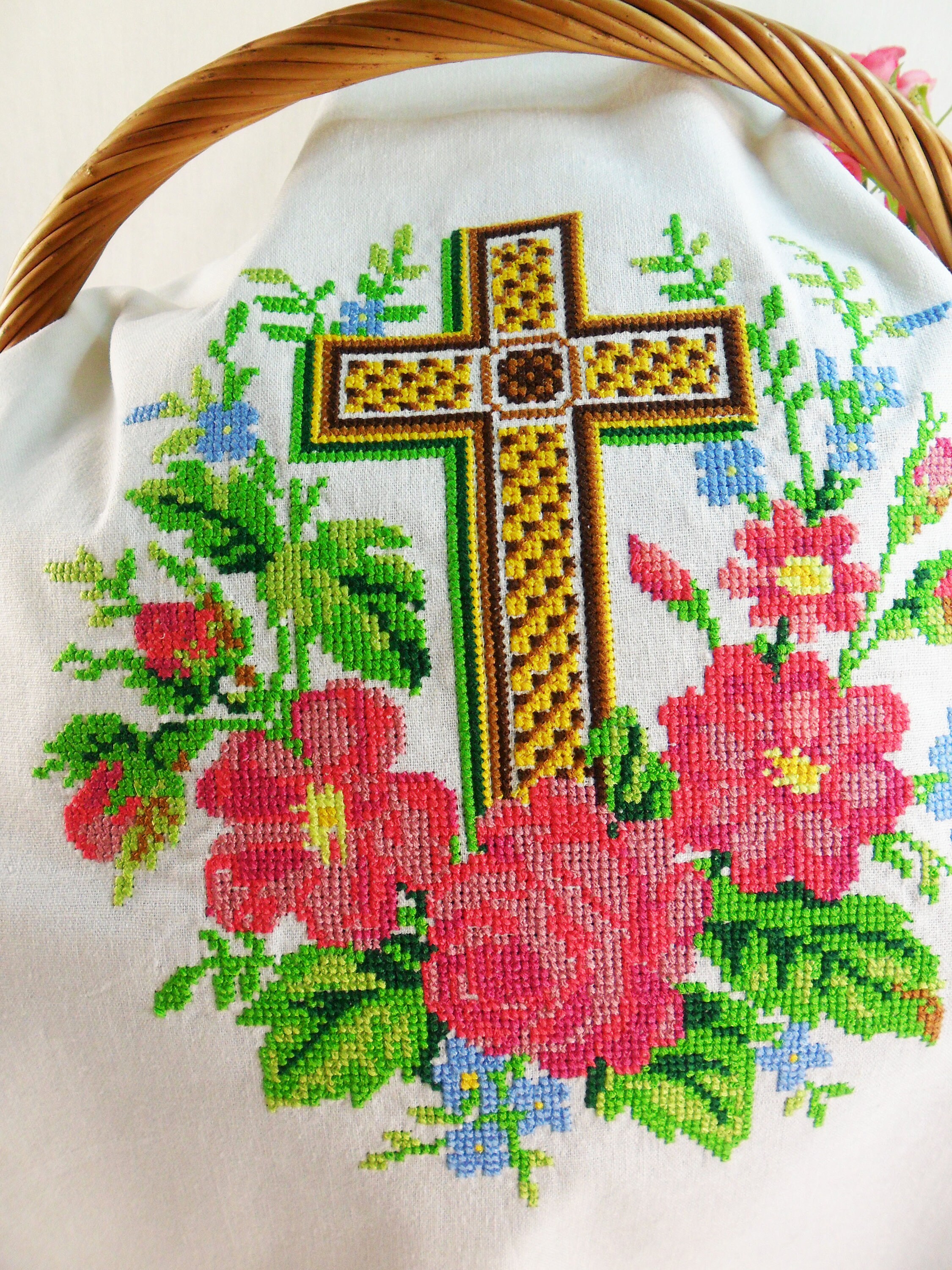 Easter Embroidered Basket Cover Linen Catholic Napkin Easter Etsy