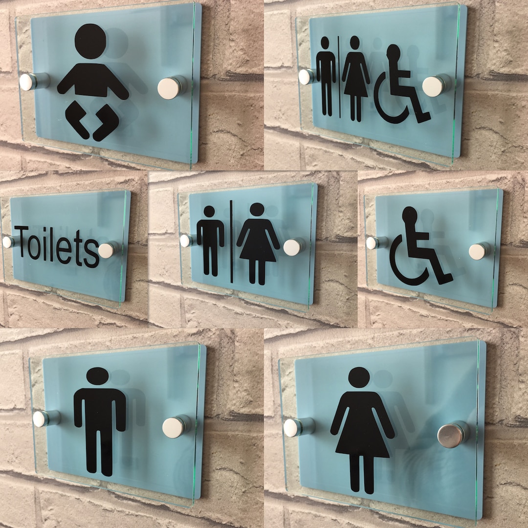Glass Look and Baby Blue Toilet Signs Modern Bathroom Restroom Toilet ...