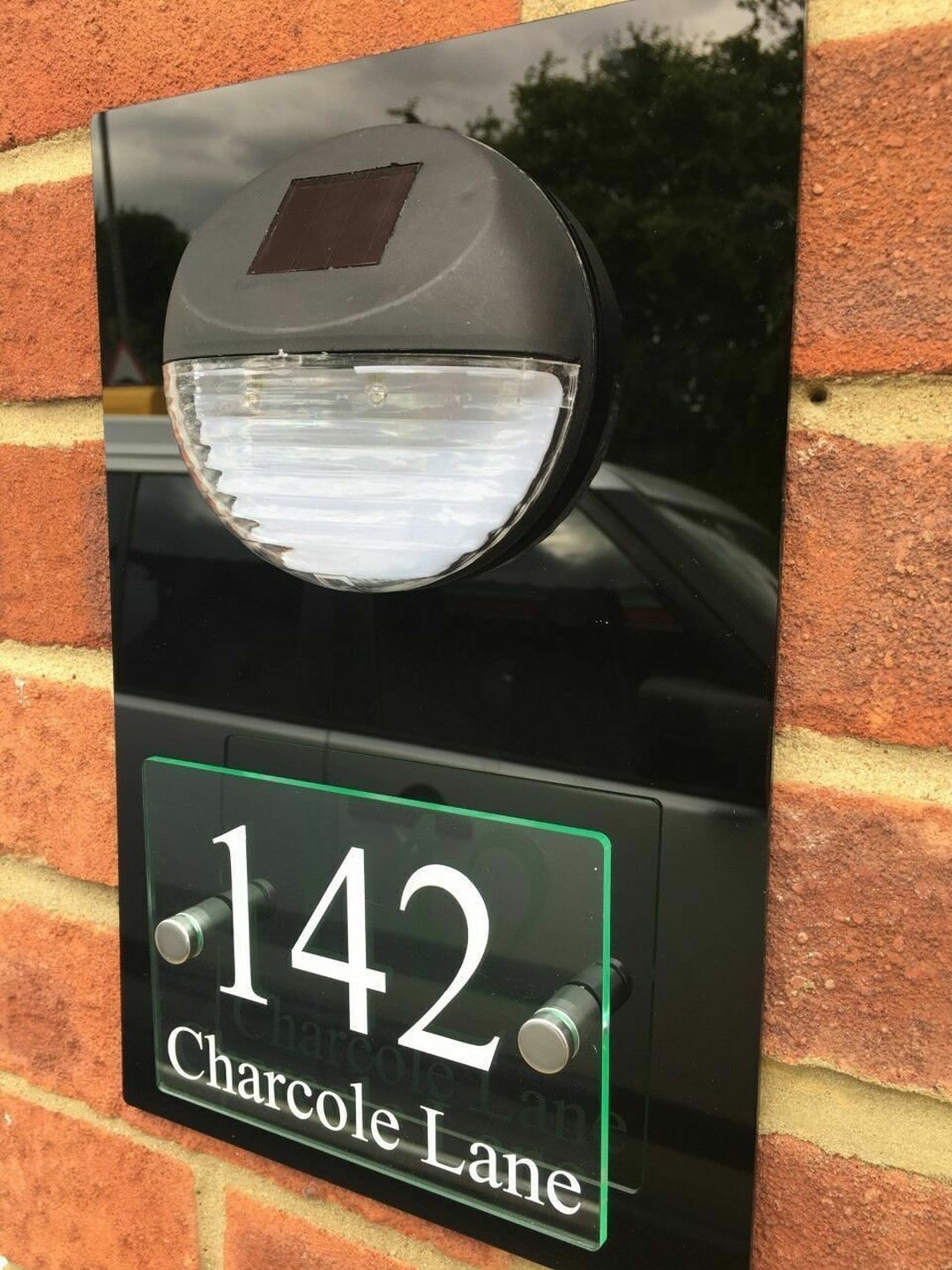 Modern Two Led Gloss Black Solar House Sign Glass Acrylic Personalised ...
