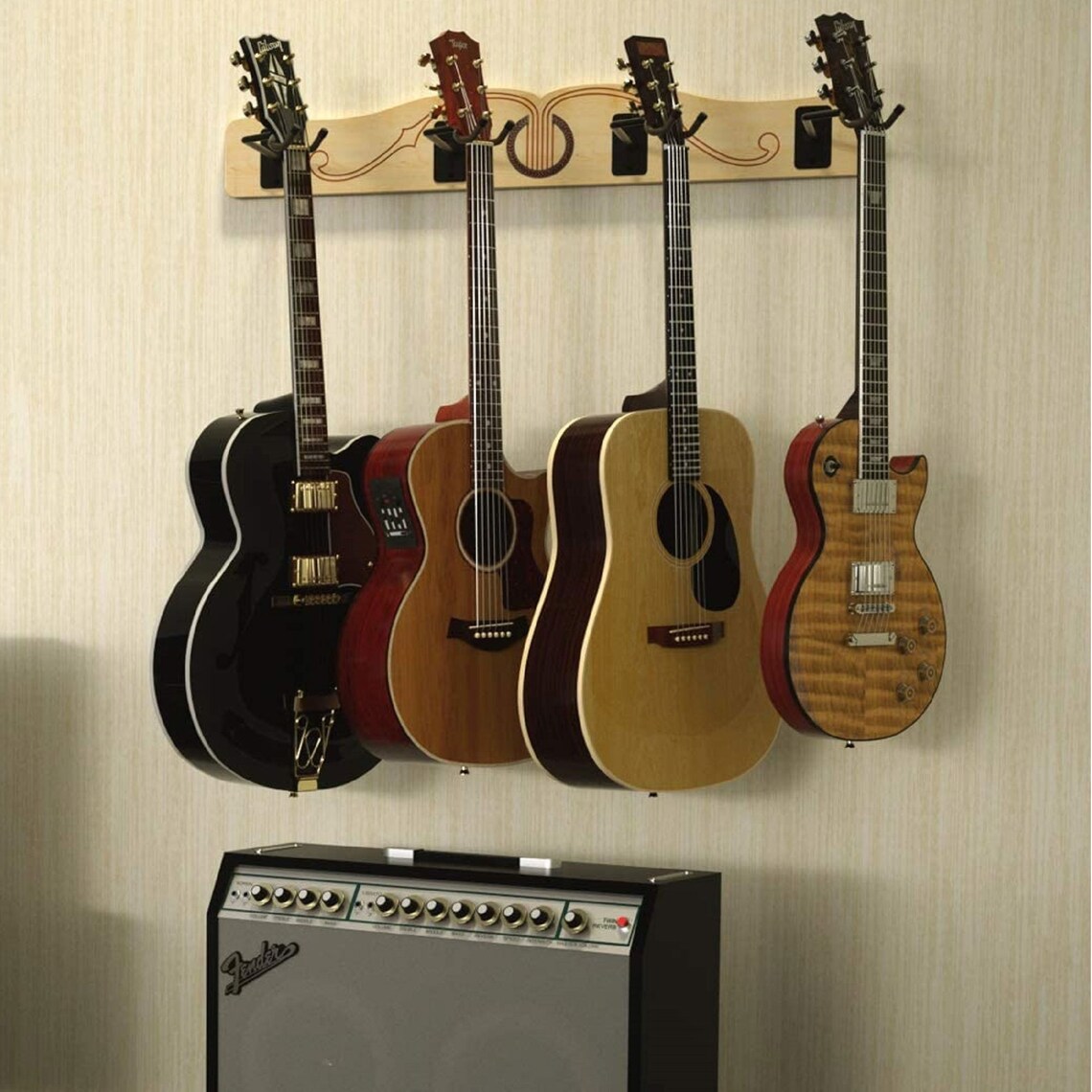 The Pro-file™ Wall Mounted Multi Guitar Hanger Space Saving Rack Holds ...