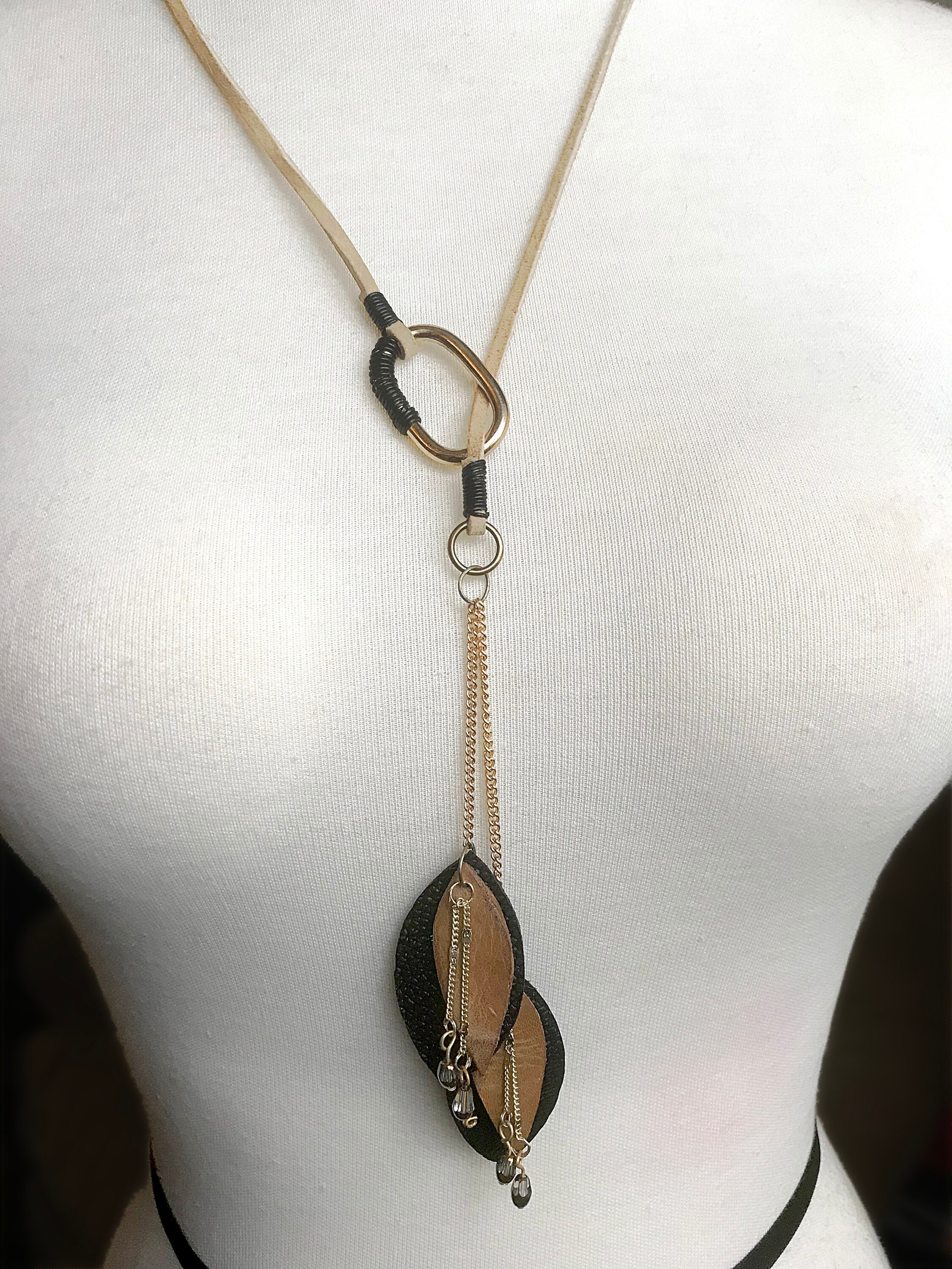Collar de lariat de cuero y metal hecho a mano marrón negro - Etsy España