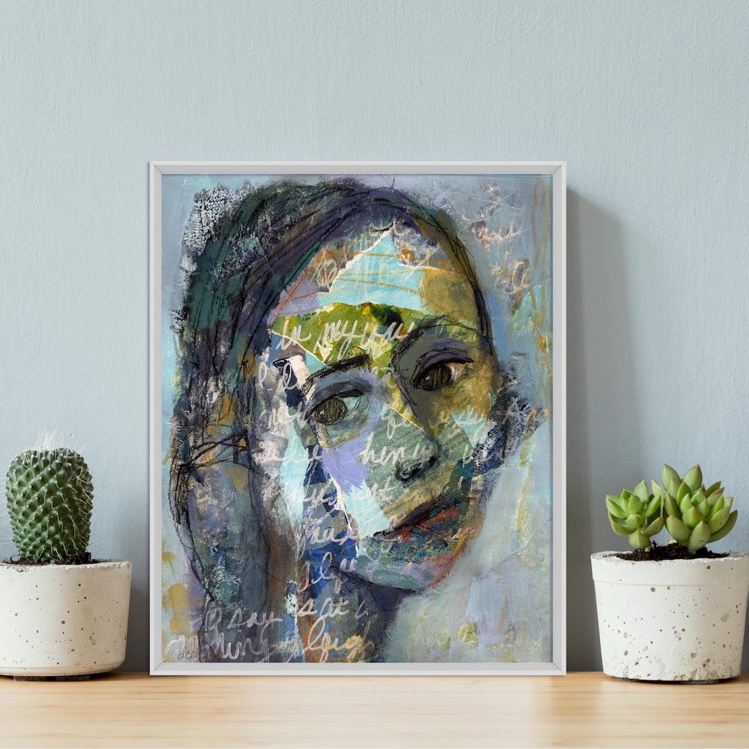 Original Abstract Portrait, Mixed Media Face Art With Collage and ...