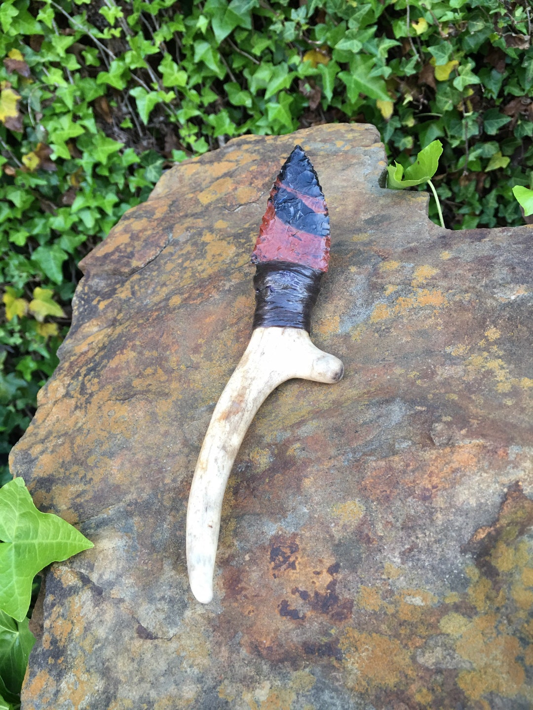 Ceremonial Mahogany Obsidian Flint Napped Knife With Deer Shed Antler ...