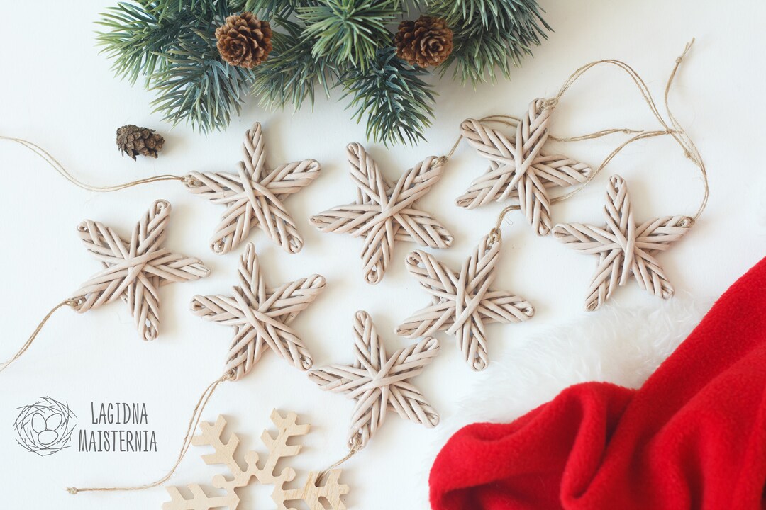 Wicker Star Christmas Ornaments – Set of 7–20 Rustic Beige Tree Stars ...